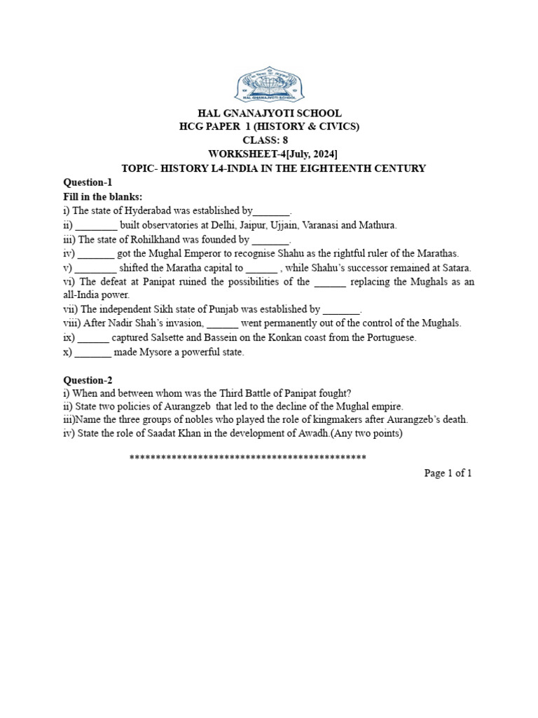 Worksheet-4 Class 8 His. & Civ. | PDF