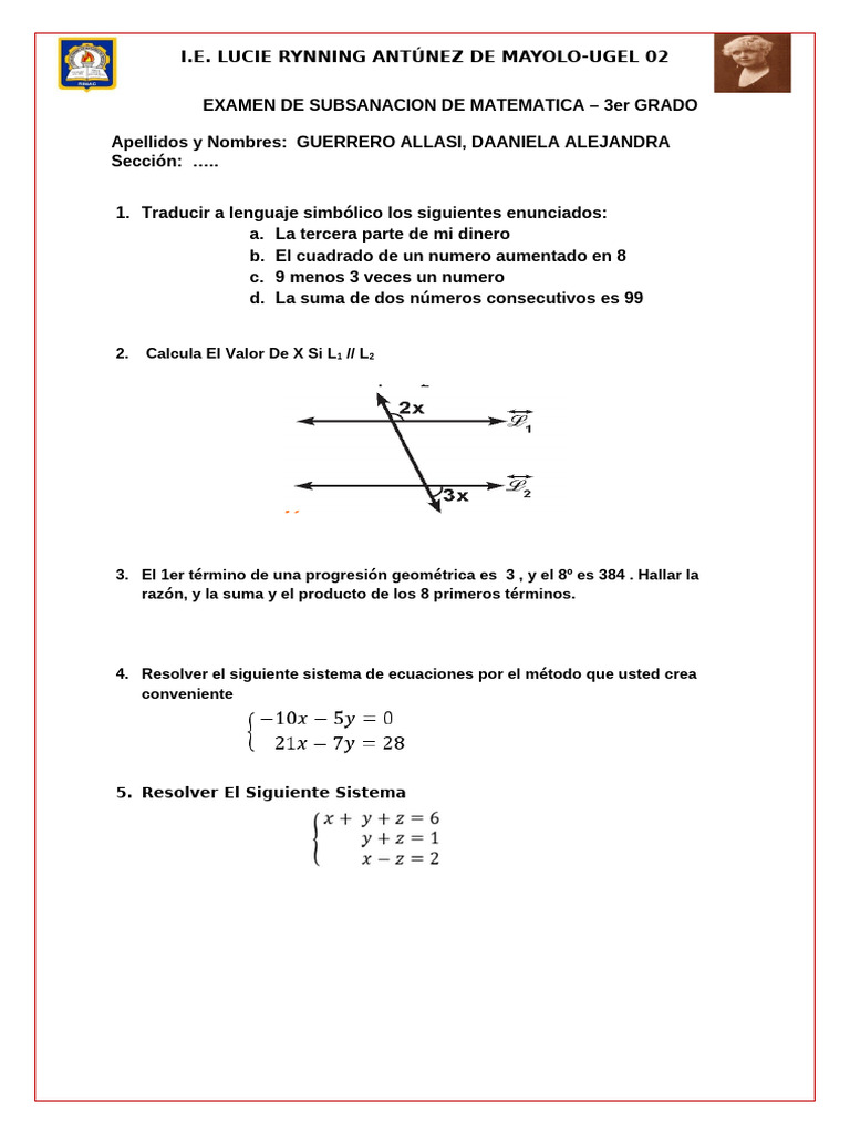 Examen de Subsanacion de Matematica 3ro | PDF