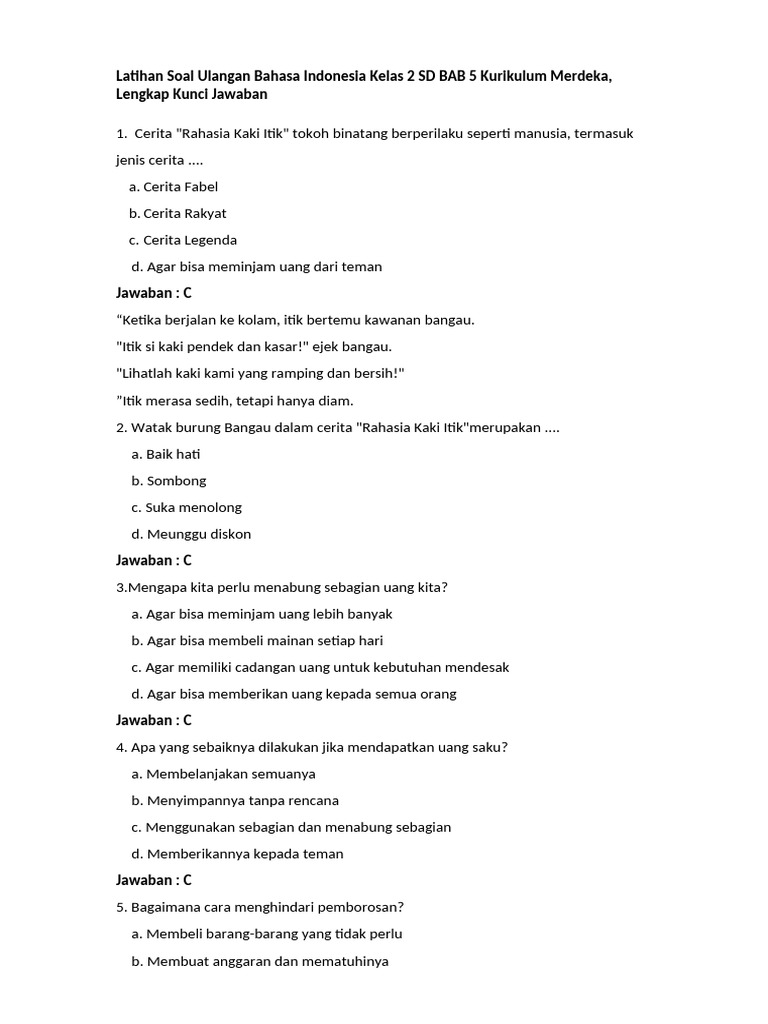 Latihan Soal Ulangan Bahasa Indonesia Kelas 2 SD BAB 5 Kurikulum Merdeka, Lengkap Kunci Jawaban ...