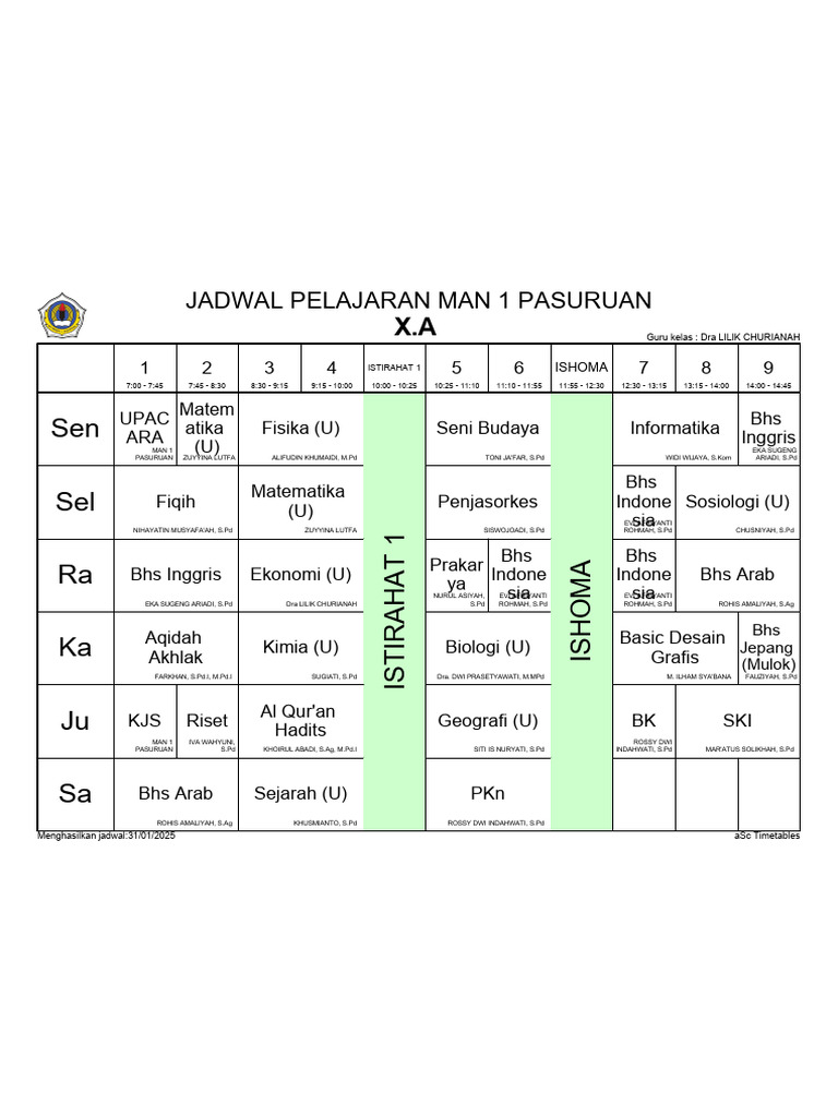 Sen Sel Ra Ka Ju Sa: Jadwal Pelajaran Man 1 Pasuruan | PDF