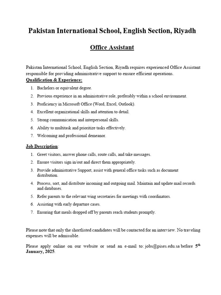 Pakistan International School, English Section, Riyadh: Office Assistant | PDF