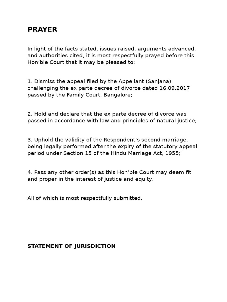 Prayer and Statements of Jurisdiction Hindu Law Moot Respondent | PDF