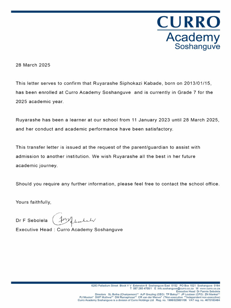 Curro Transfer Letter | PDF