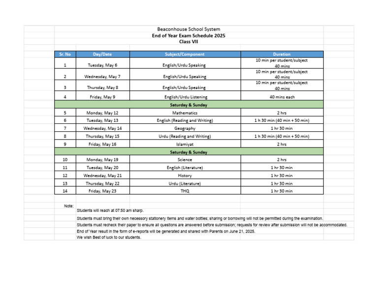 Class 7 Exam Schedule EOY - May 2025.Xlsx - Class 7 | PDF