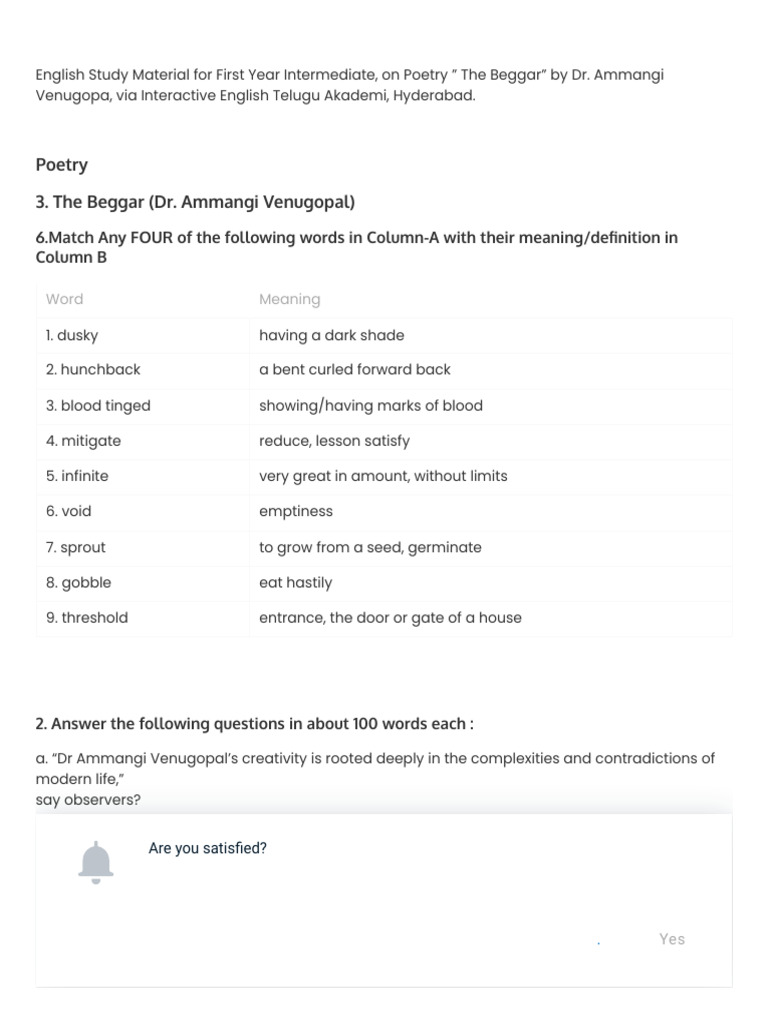 Poetry The Beggar Dr. Ammangi Venugopa Interactive English First Year ...