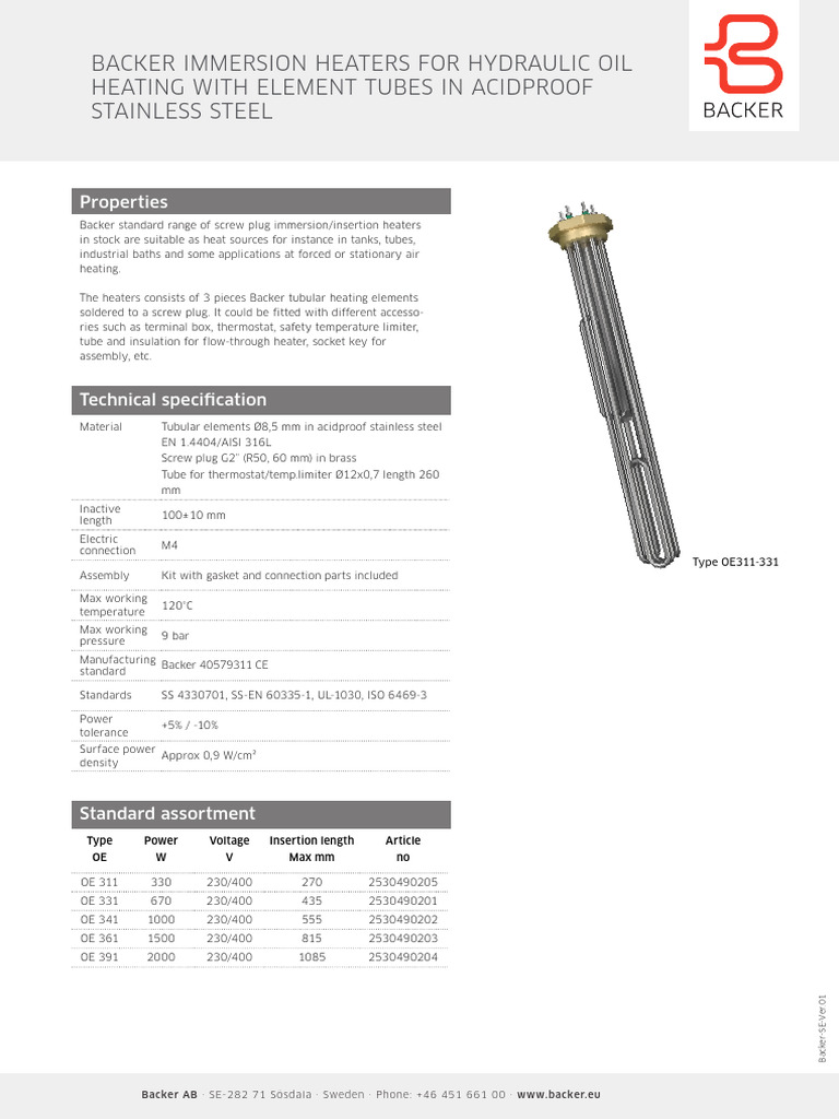 Backer Immersion Heaters For Hydraulic Oil Heating With Element Tubes ...