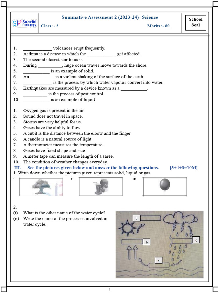 Science Assessment for Class 3 Students | PDF | Earth | Volcano