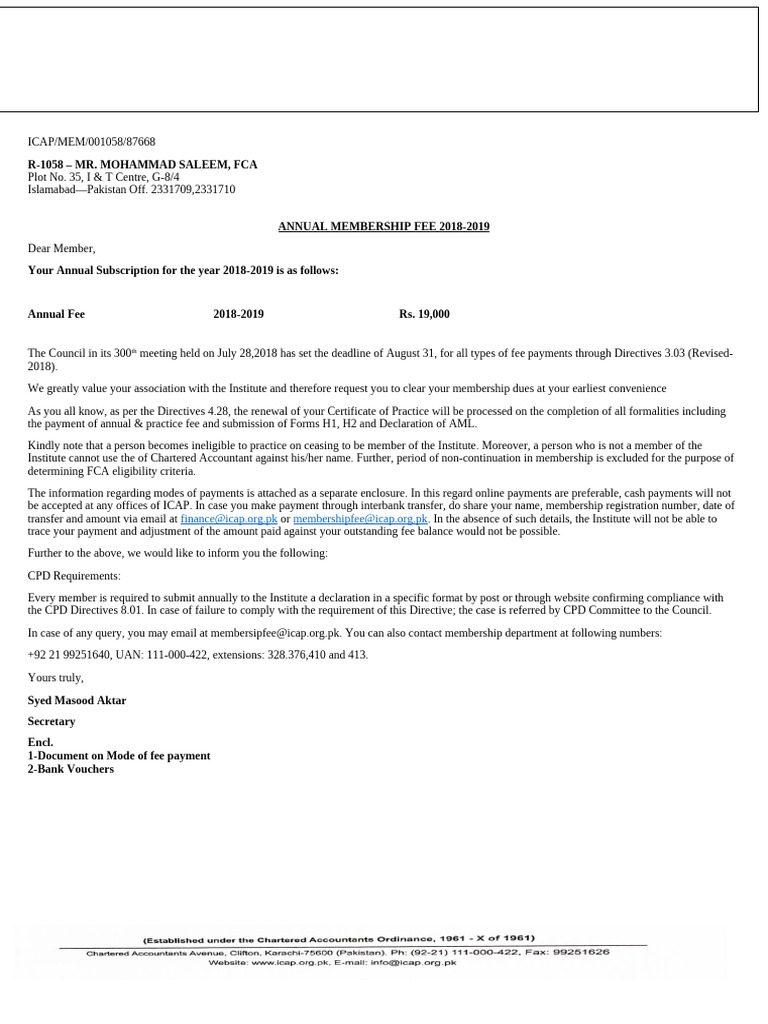 Fee and Subcription-ICAP - 2019 Mohammad Saleem | PDF | Payments