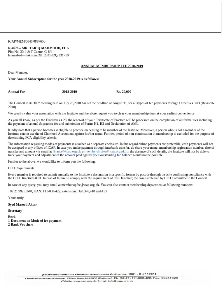 Fee and Subcription-ICAP - 2019 Tariq Mahmood | PDF | Payments