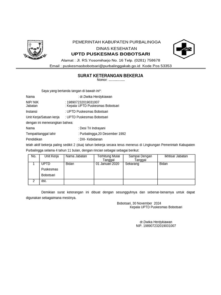 Lampiran V Lampiran IV Template Surat Keterangan Kerja Untuk Nakes & Teknis PPPK 2024 ...