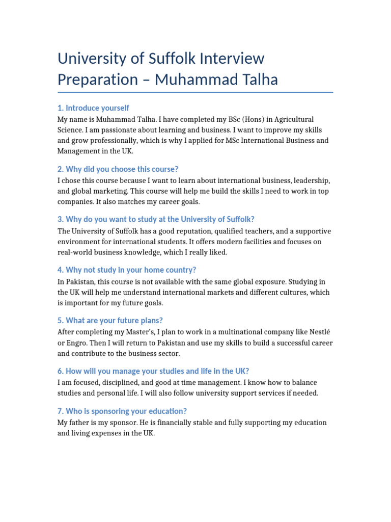 Muhammad Talha Interview Preparation | PDF | Classroom | Cognition