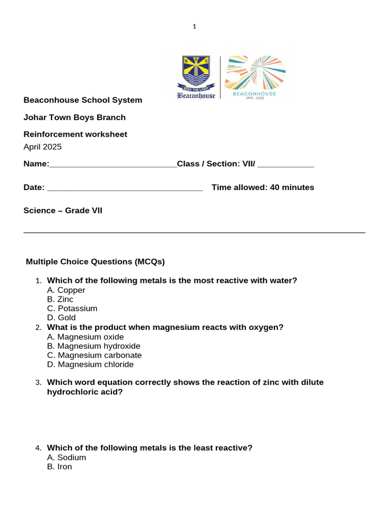 Grade VII Metal Reactivity Worksheet | PDF | Magnesium | Chemical Reactions