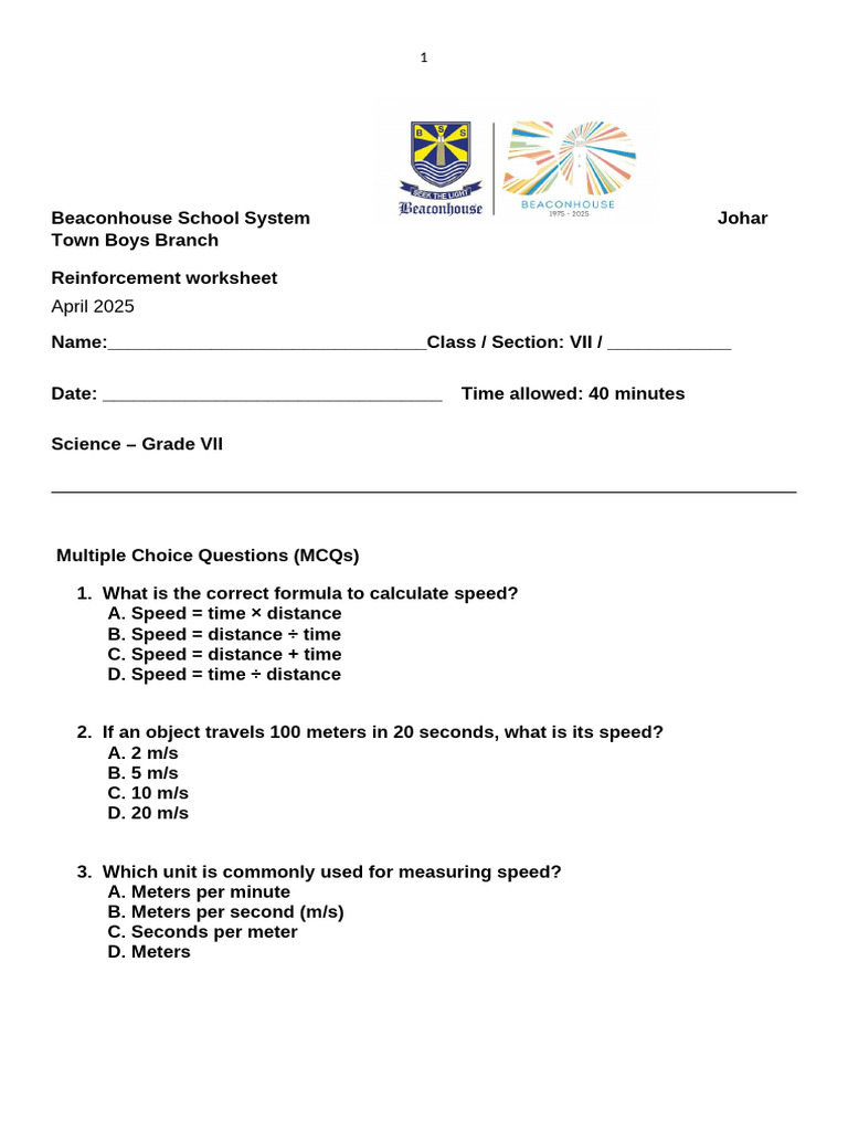 Science Reinforcement Worksheet, Speed | PDF | Speed | Metre