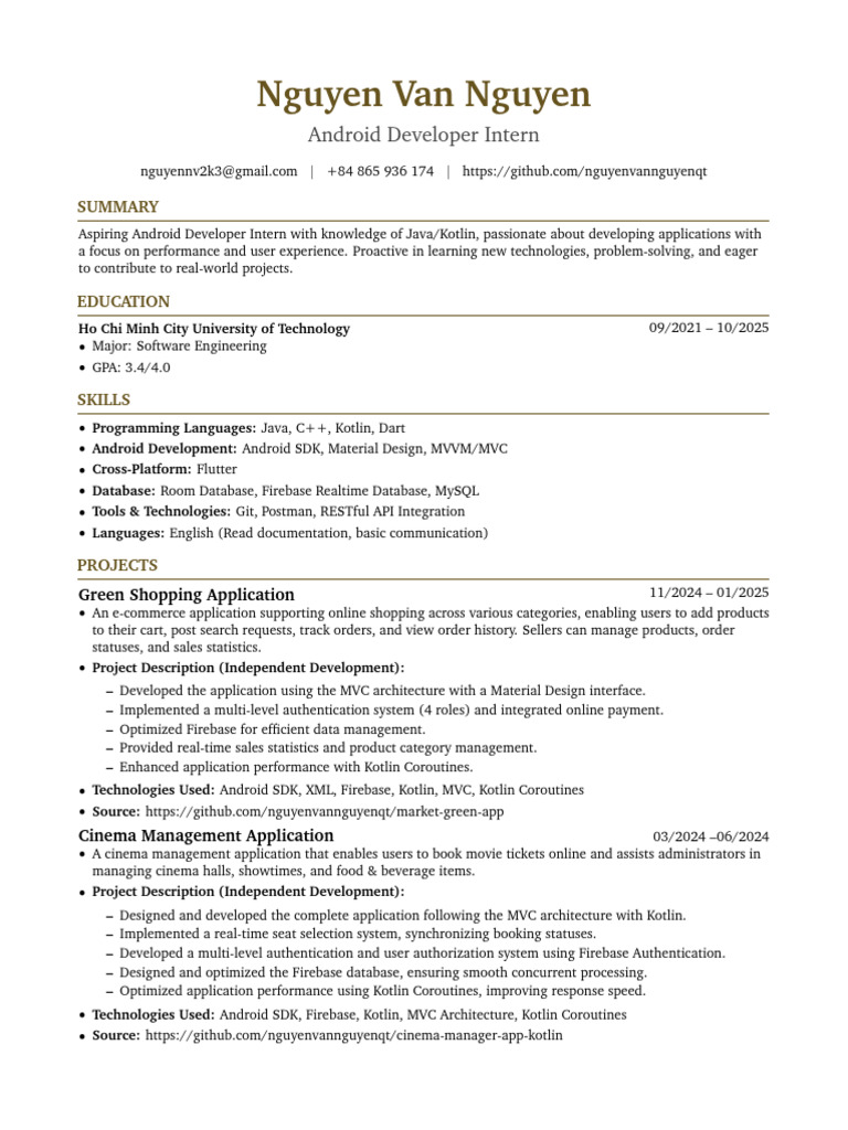 CV It Intern Android Nguyenvannguyen | PDF | Databases | Model–View ...