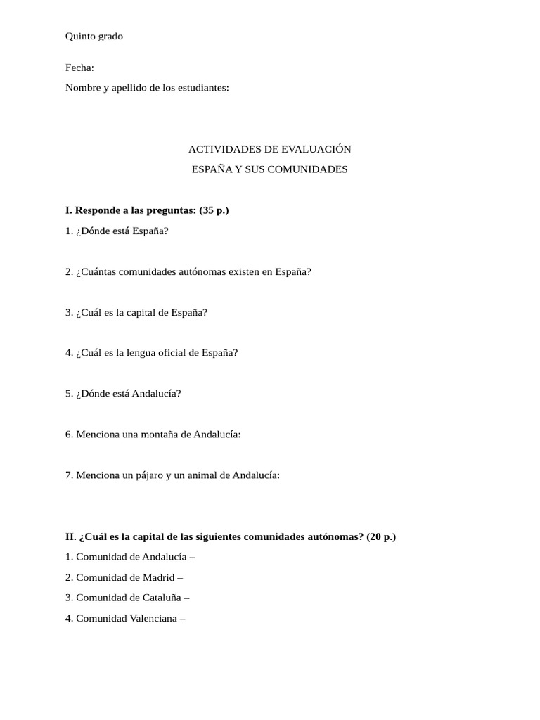 ACTIVIDADES DE EVALUACIÓN. ESPAÑA Y SUS COMUNIDADES. España, Andalucía ...