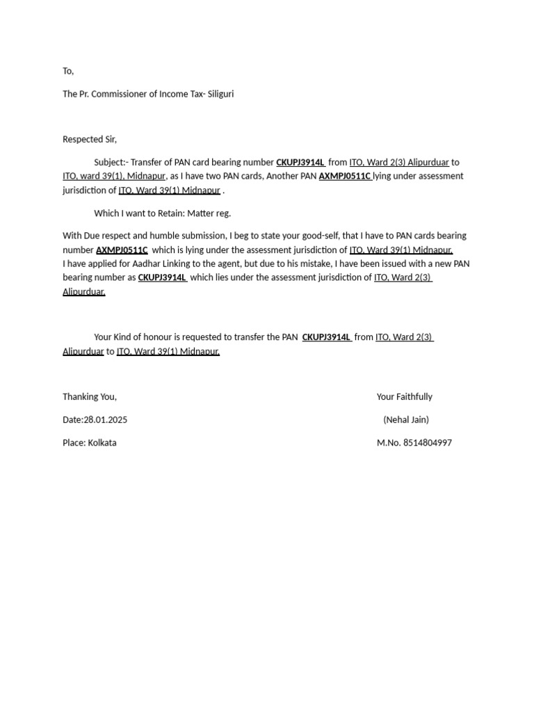 PAN Card Transfer Request Letter | PDF