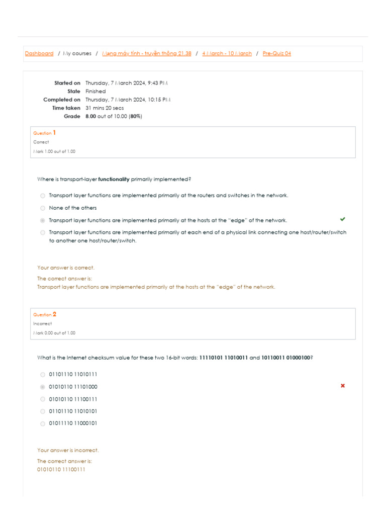 Pre-Quiz 04 Attempt Review | PDF | Internet Protocols | Network Socket