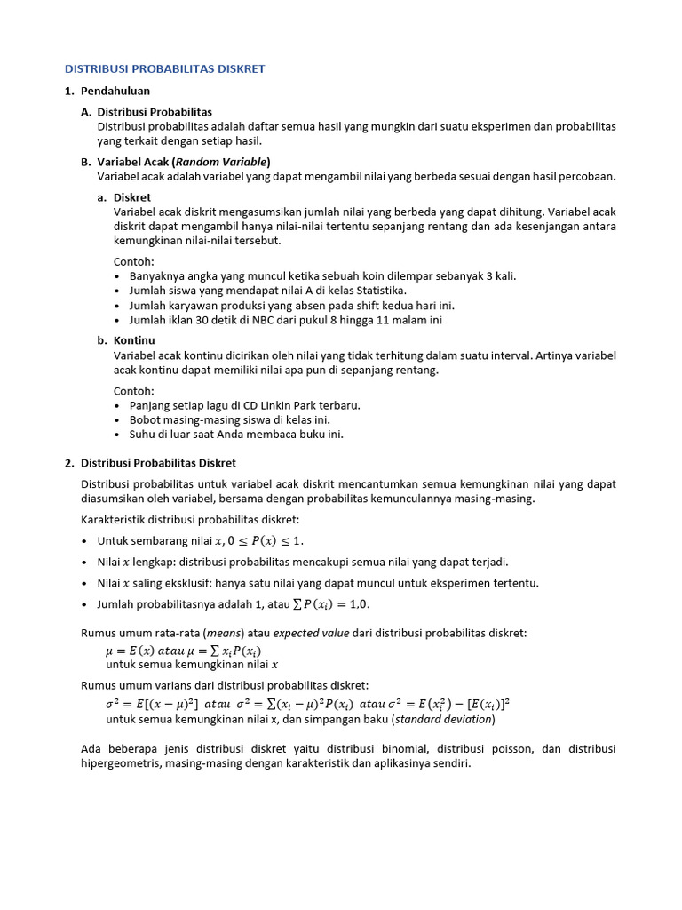 Handout Distribusi Probabilitas Variabel Diskret | PDF