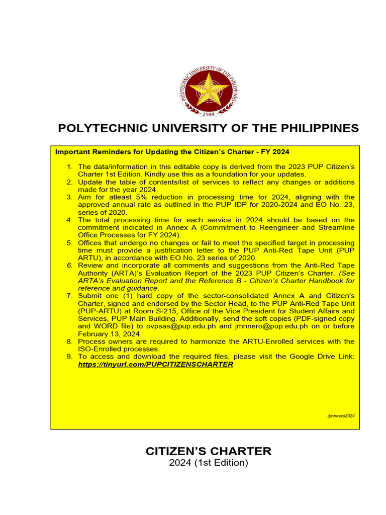 PUP Citizen's Charter 2024 Overview | PDF | Receipt