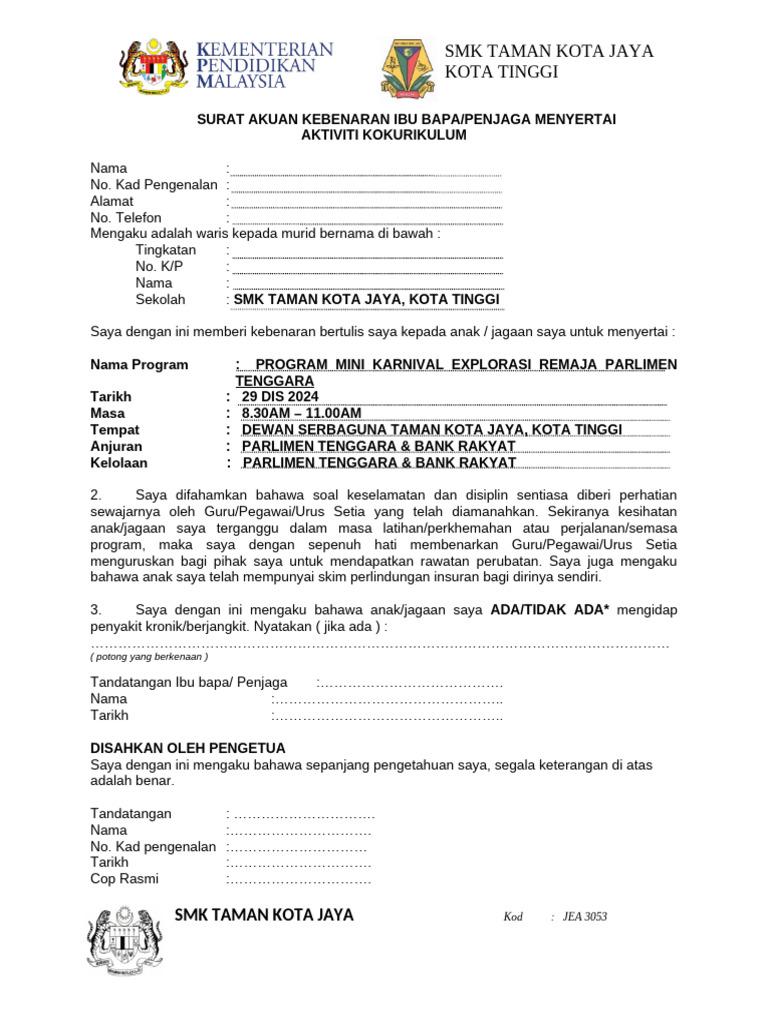Surat Makluman Dan Kebenaran Ibu Bapa | PDF