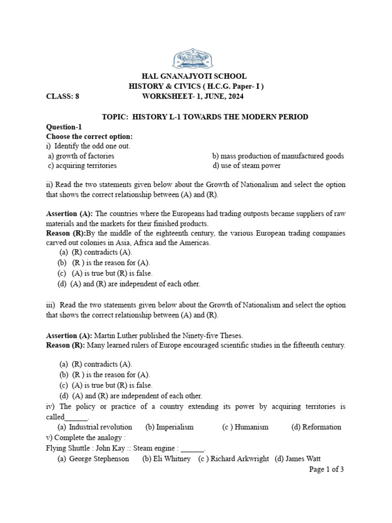 CLASS 8 WORKSHEET, History & Civics | PDF | United States Declaration ...