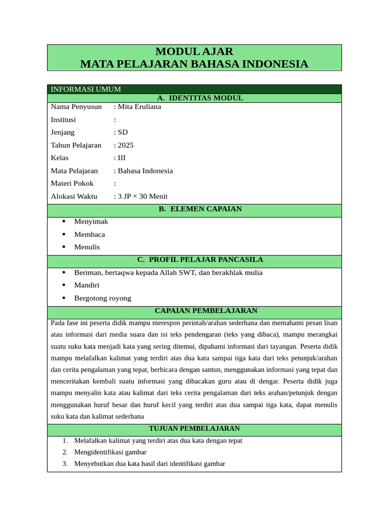 MODUL AJAR (pend inklusi) | PDF
