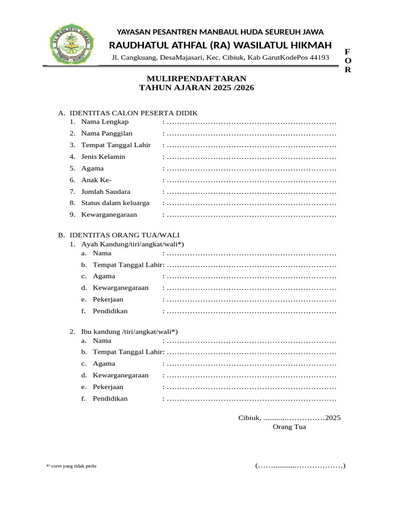 Formulir Pendaftaran Paud TK KB | PDF