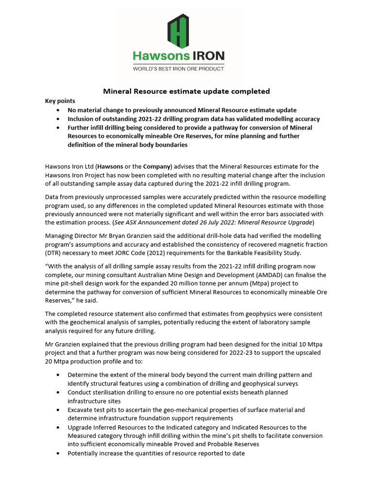 Updated Mineral Resource Estimates | PDF | Mining | Minerals
