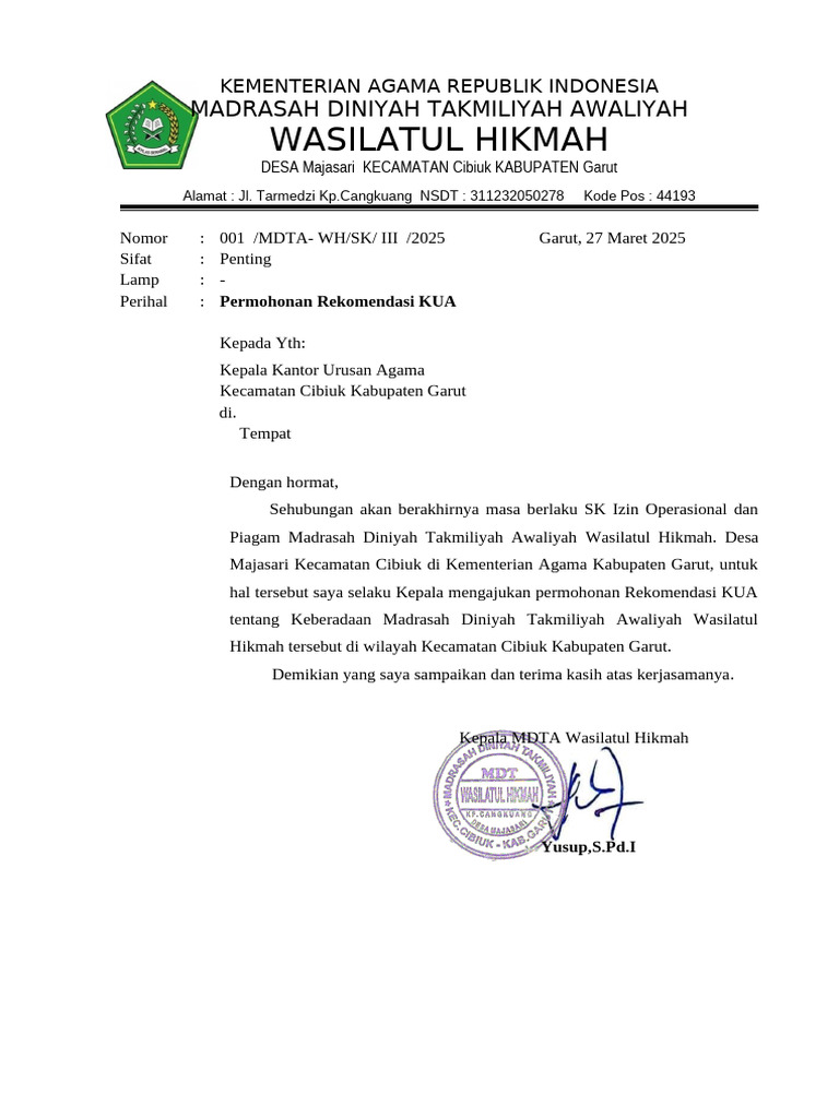 Permohonan Rekomendasi KUA MDTA | PDF