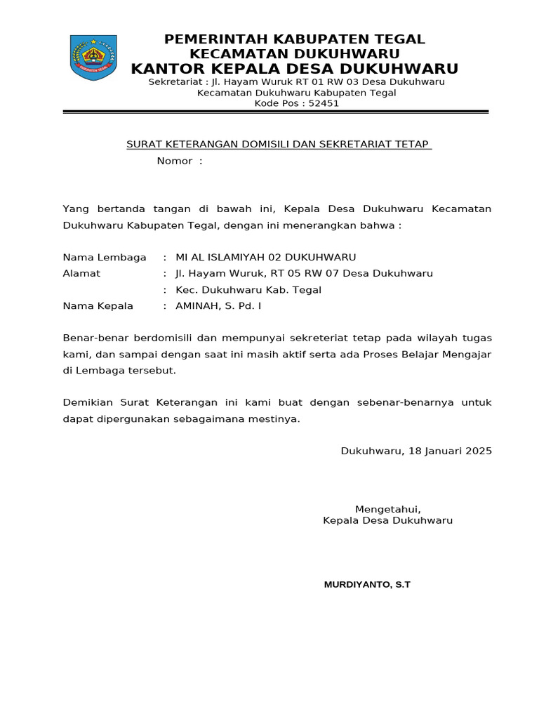 Surat Keterangan Domisili MI Al Islamiyah | PDF