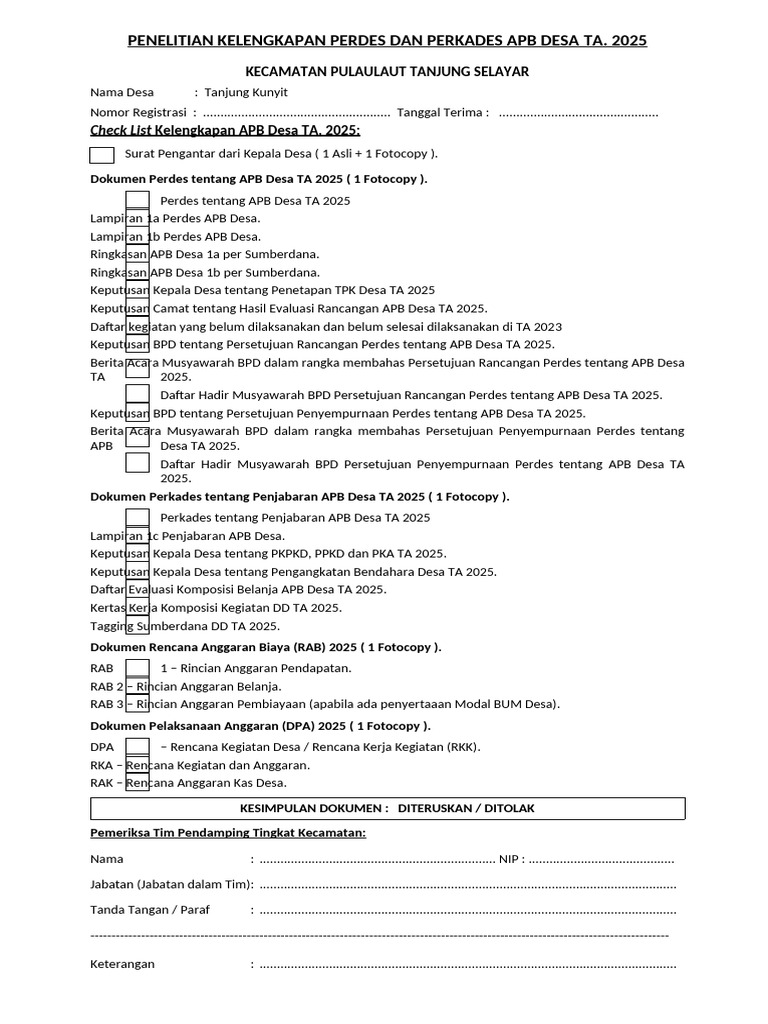 4.2 Checklist Kelengkapan APB Desa TA 2025 Kec | PDF