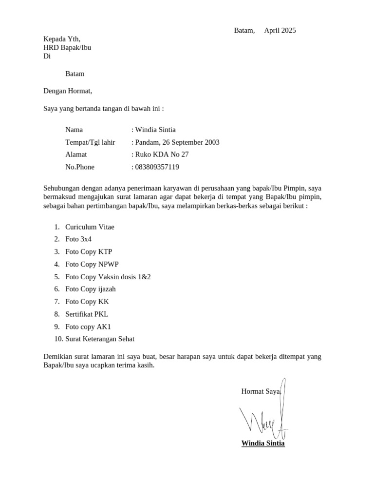 Lamaran Kerja Windia | PDF