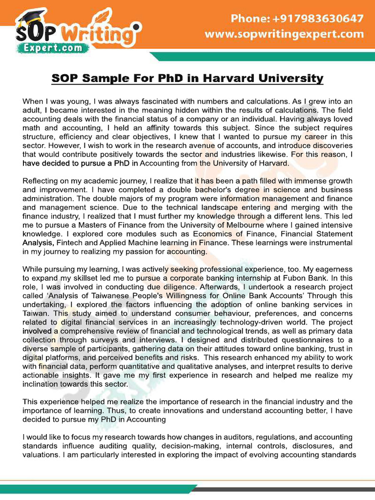 SOP For PHD in Accounting Harvard University | PDF