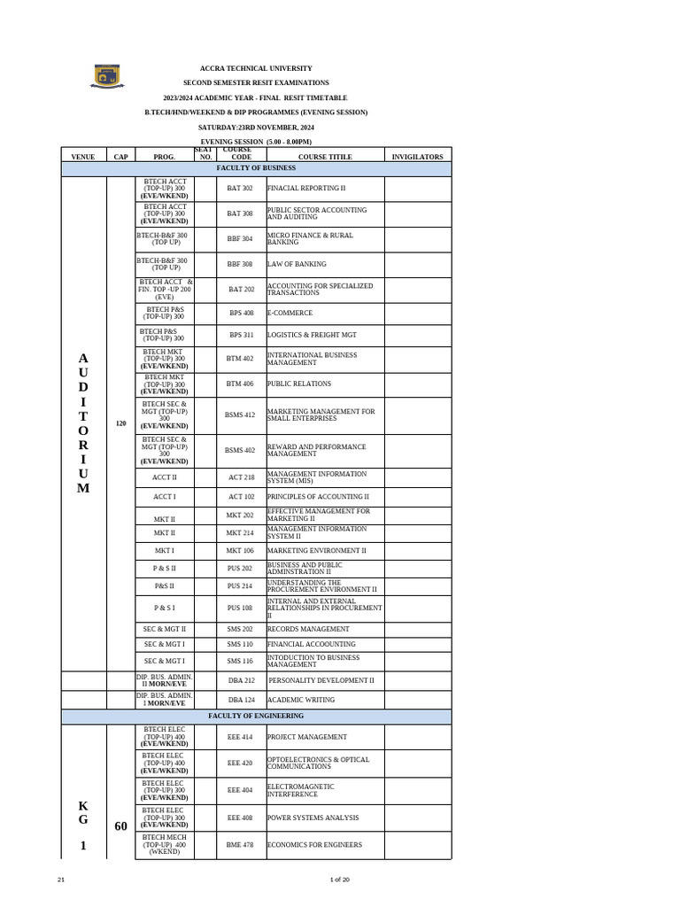 2023-2024 Second Semester Resit Time Table - Evening & Weekend Session | PDF | Electrical ...