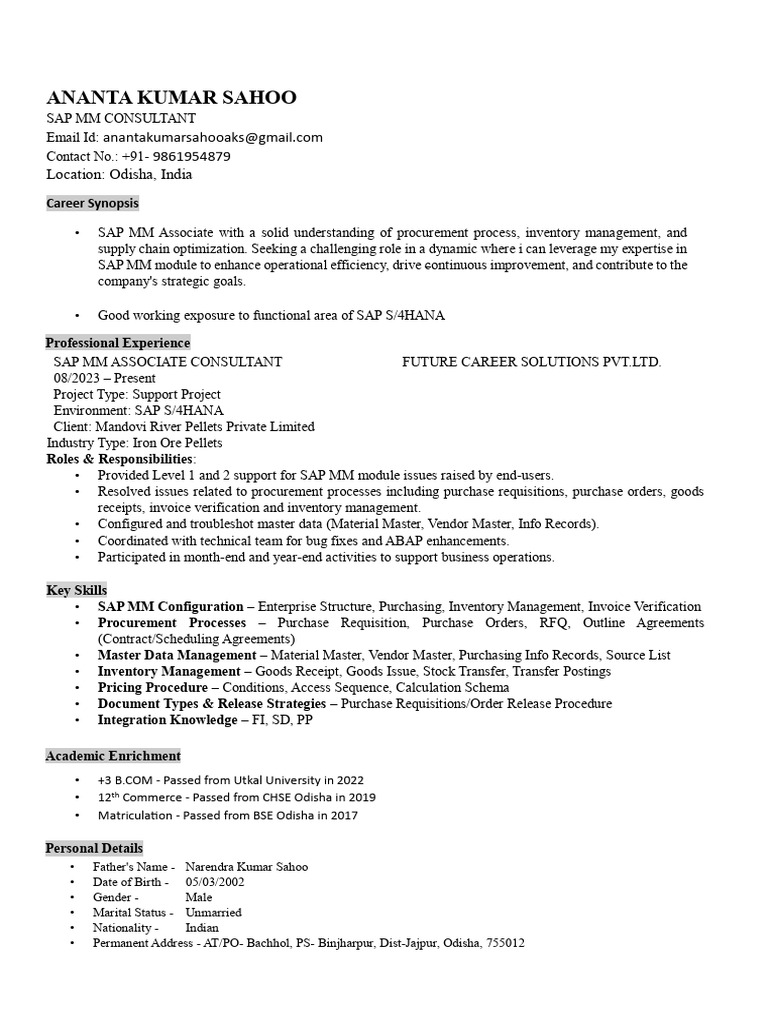 Ananta Kumar Sahoo Sap MM CV | PDF | Business