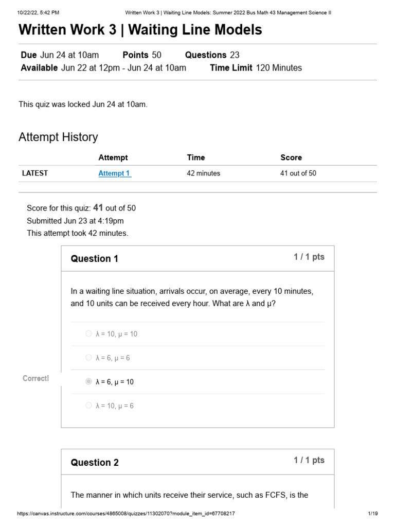 Written Work 3 Waiting Line Models Summer 2022 Bus Math 43 Management Science II PDF | PDF ...