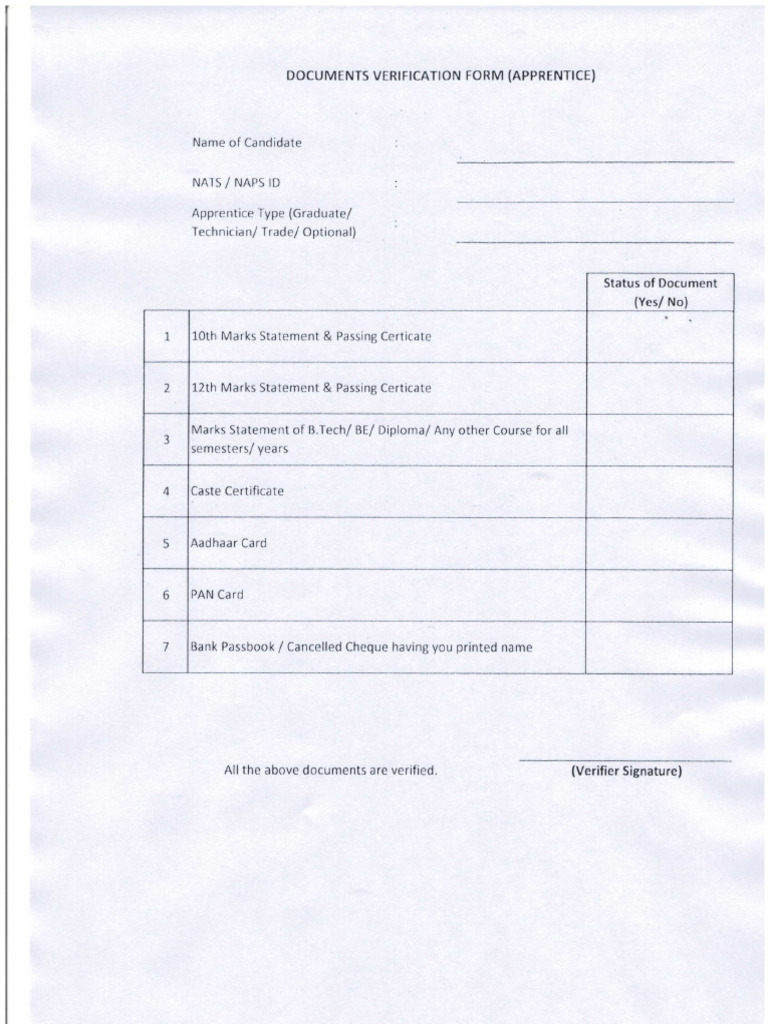 Document Verification Form (Apprentice) | PDF