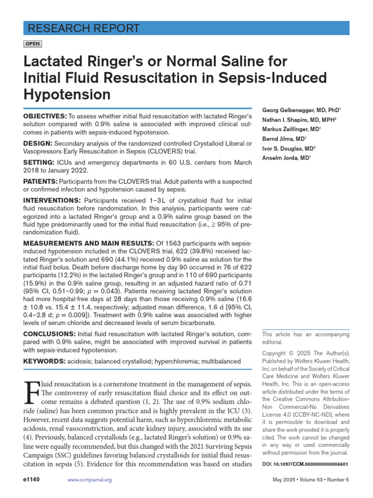Lactated Ringer S or Normal Saline For Initial.10 | PDF | Sepsis ...