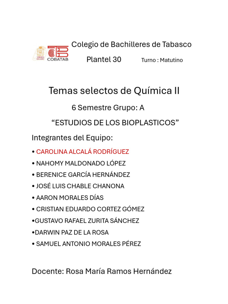 T.S.Q Estudio de Bioplasticos Eq. 1 | PDF | El plastico | Materiales