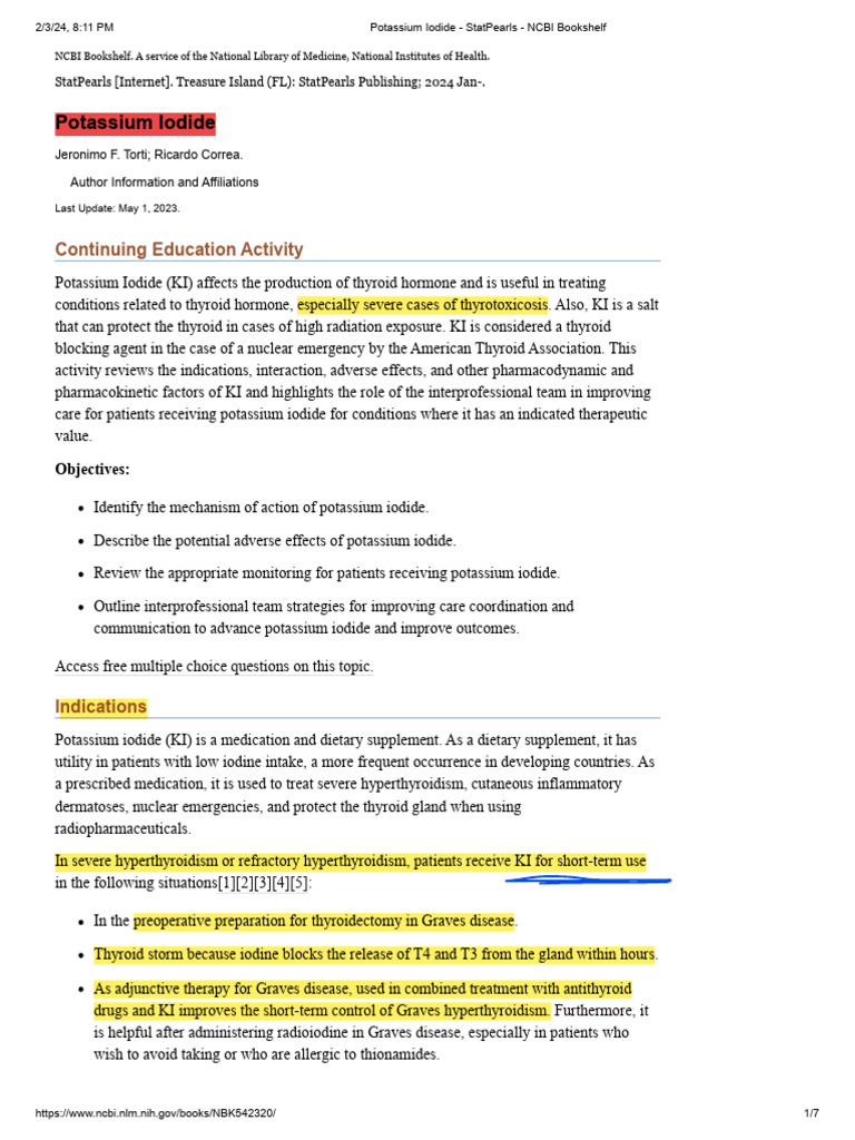 Potassium Iodide - StatPearls - NCBI Bookshelf | PDF | Hyperthyroidism | Hypothyroidism