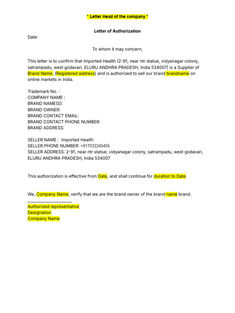 Letter of Authorization format for brands from Amazon Central | PDF