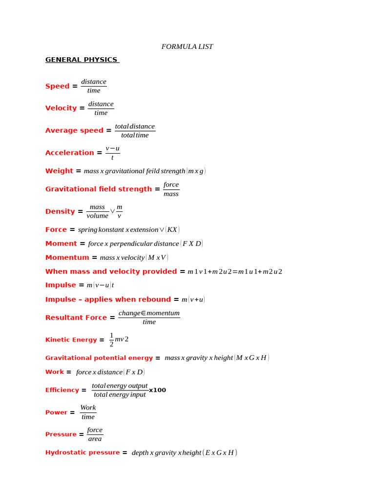Comprehensive Force and Energy Formulas | PDF | Mass | Force