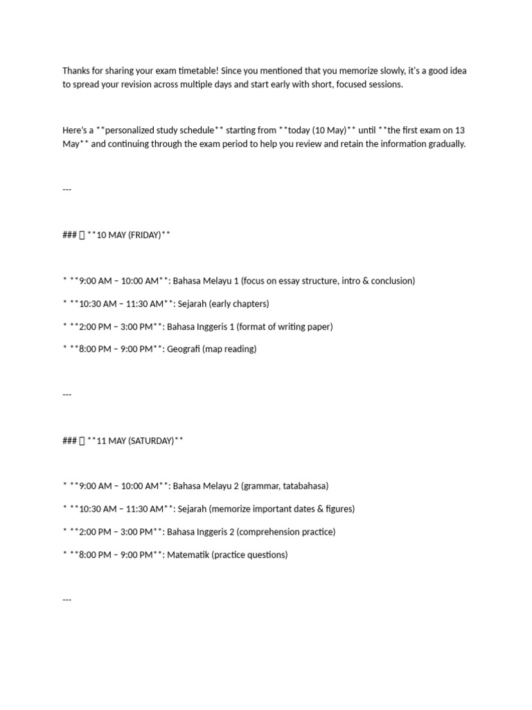 Study Schedule Form 1 | PDF
