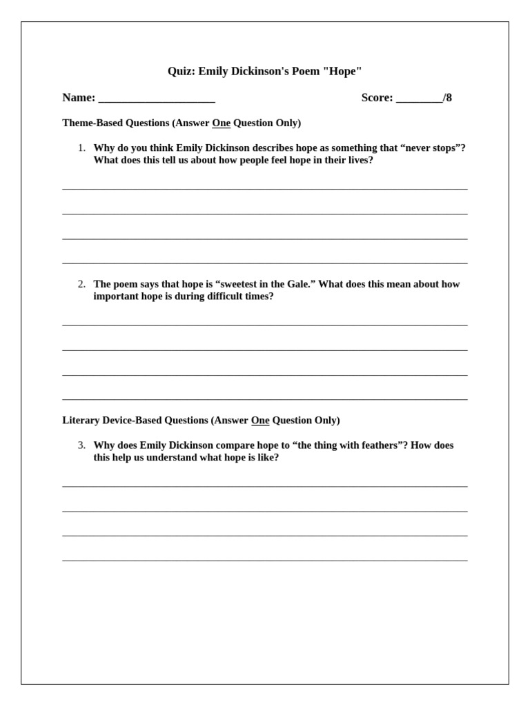 Quiz Hope by Emily Dickinson | PDF