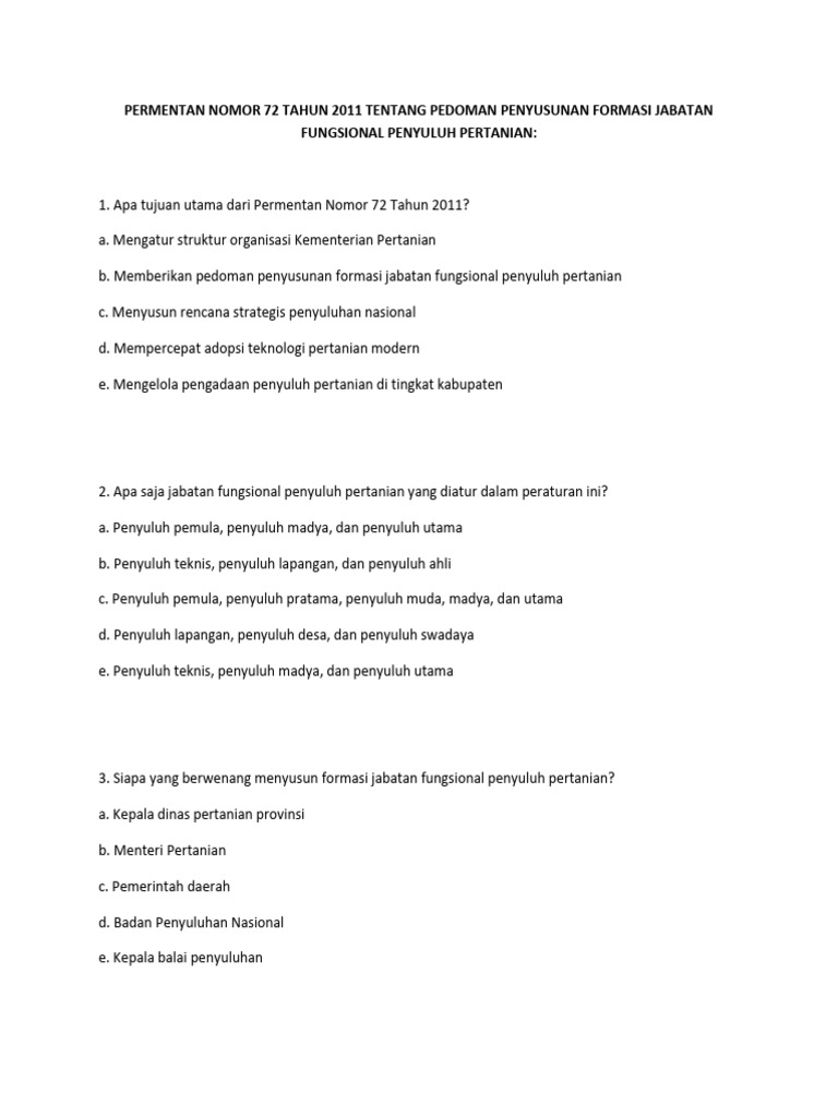 Permentan Nomor 72 Tahun 2011 Tentang Pedoman Penyusunan Formasi | PDF