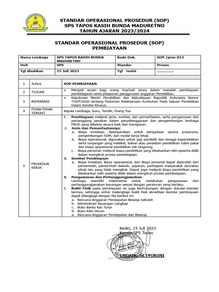 SOP Pembiayaan SPS Tapos 2023/2024 | PDF