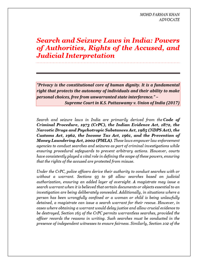 Search and Seizure Laws in India | PDF | Search And Seizure | Fourth ...