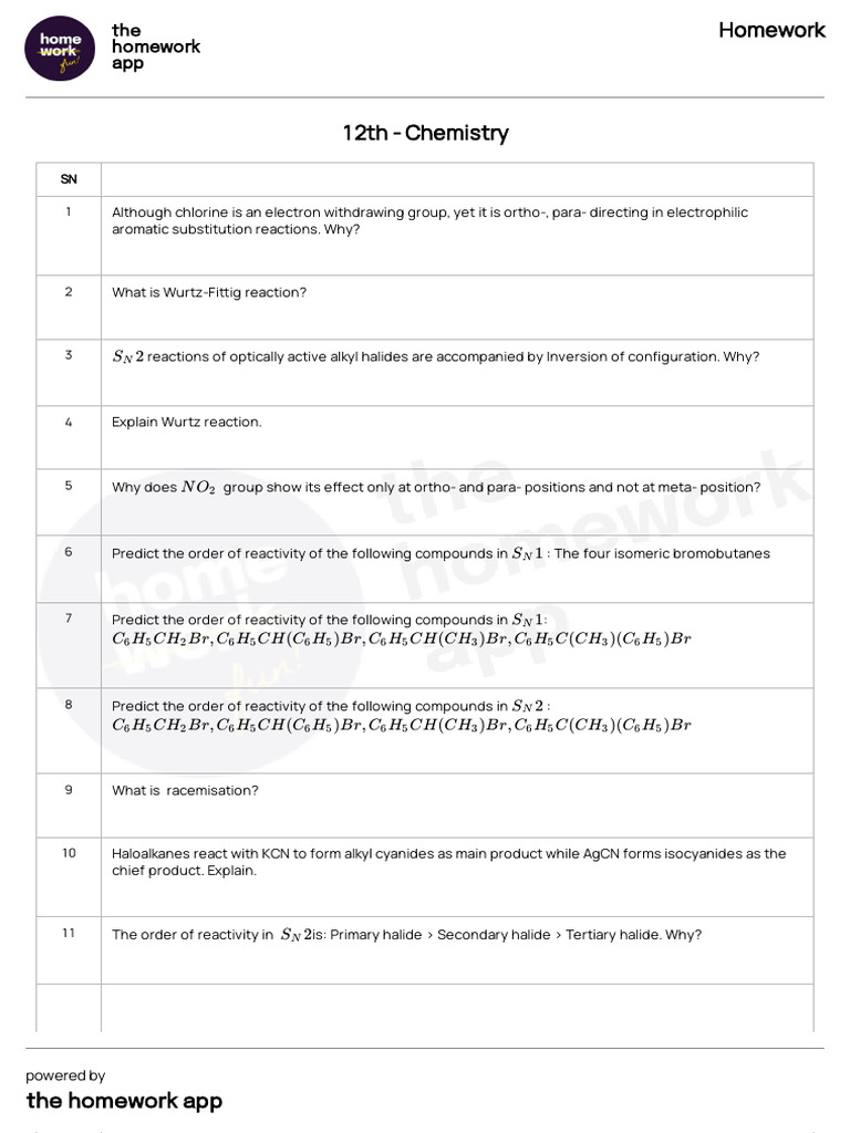 Questions - Homework - 12th - Chemistry - 2025-05-13T0601 | PDF