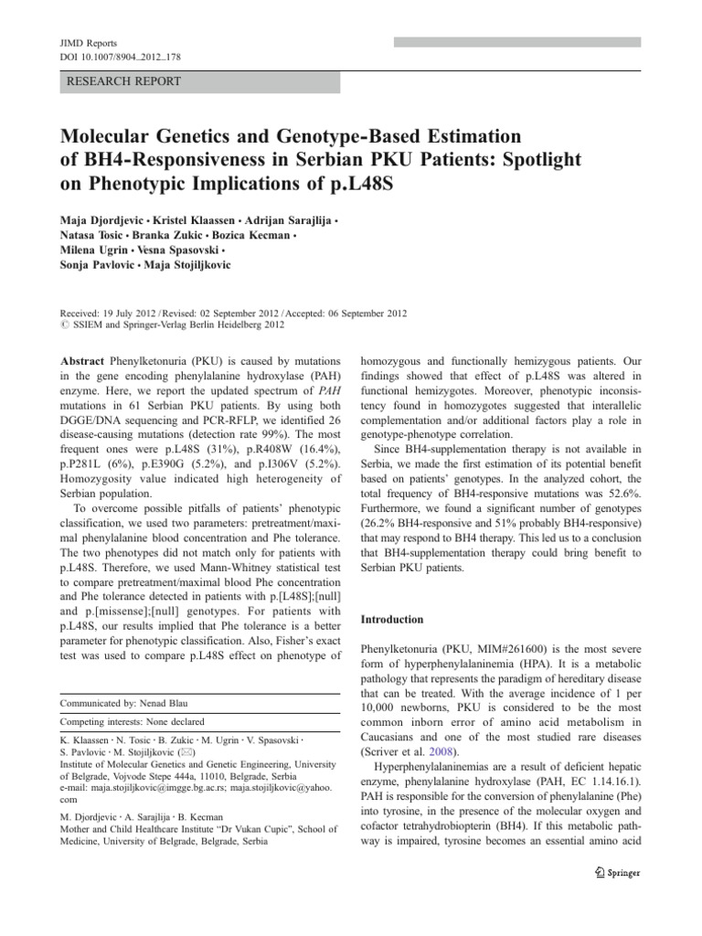 Molecular Genetics and Genotype-Based Estimation of BH4-Responsiveness ...