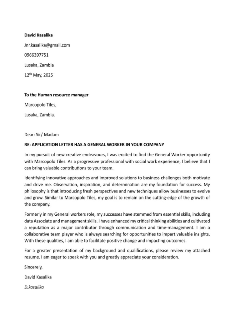 To The Human Resource, Application Letter Has A General Worker in Your ...